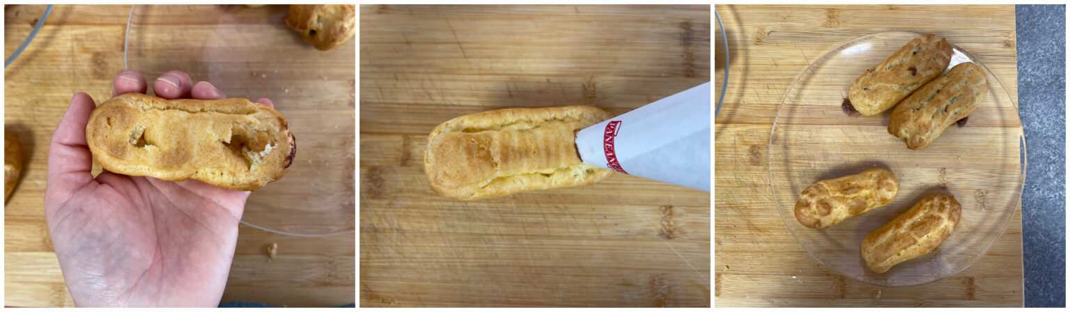 Eclair ricetta con pasta choux farciti con crema e glassati in superficie