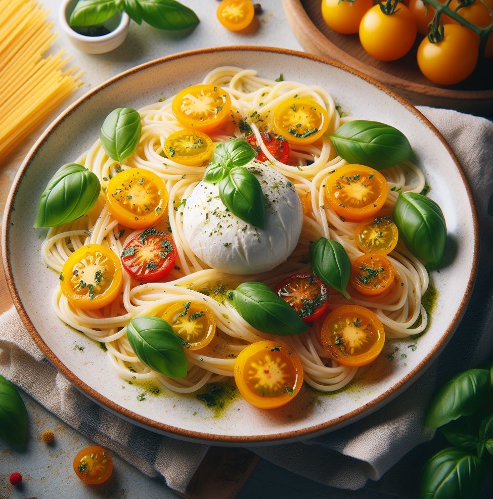Spaghetti al Pomodoro Giallo e Burrata - Dal primo al dolce