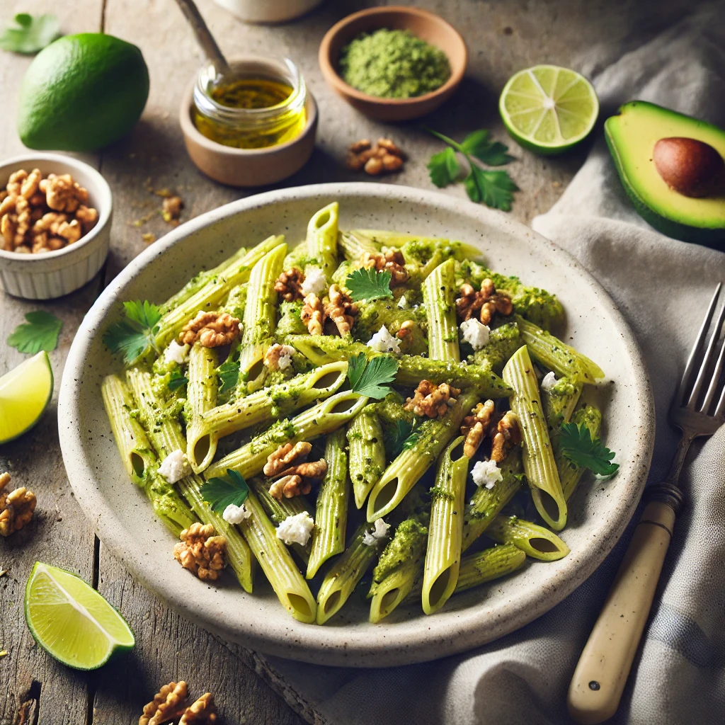 Pasta cremosa al pesto di avocado lime e noci tostate