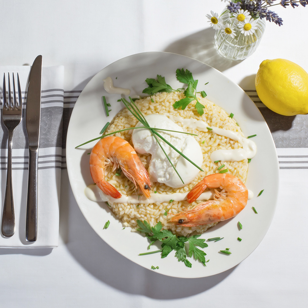 Risotto Burrata e Gamberoni con Condimento a Base di Olio Extravergine ...