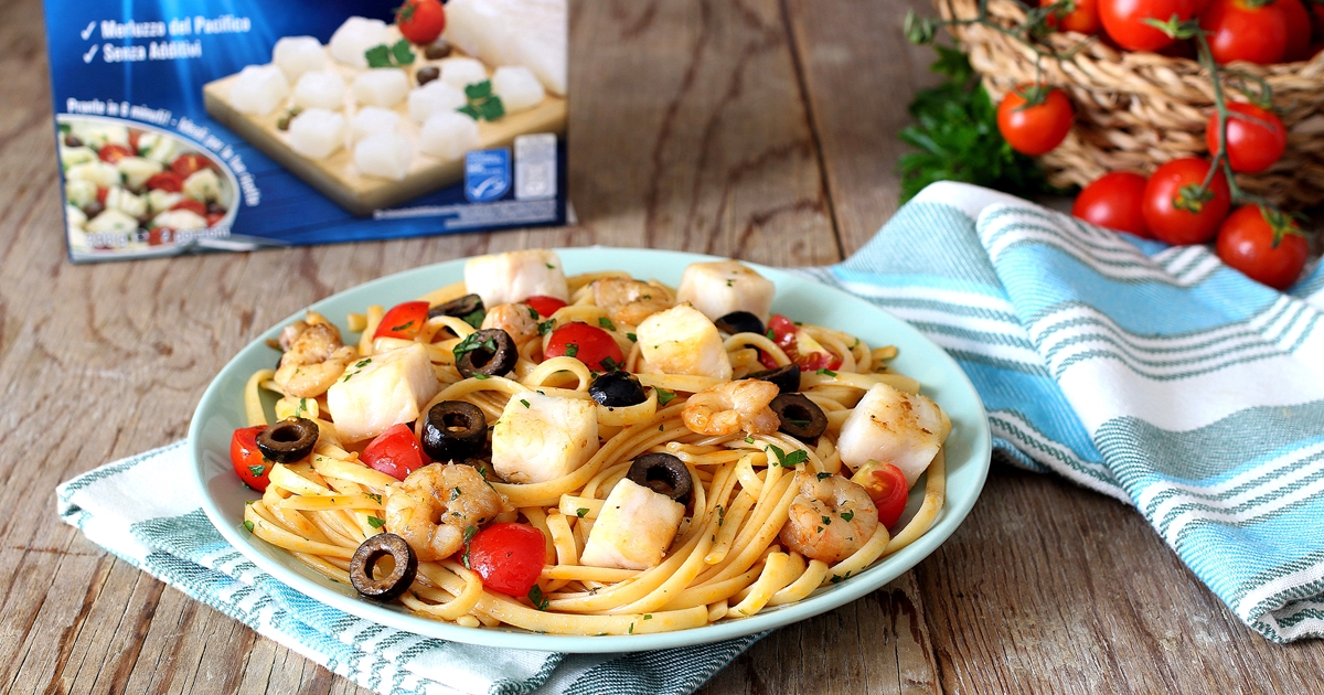 Pasta con pepite di merluzzo e gamberi - La cucina sottosopra