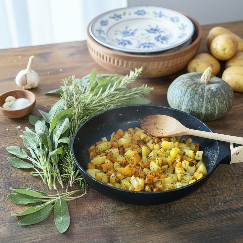 Zucca e patate saltate in padella con erbe aromatiche